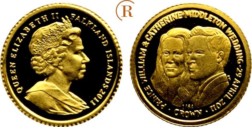 Falkland Inseln: 1/64 Crown William & Kate 0,5 Gramm Feingold 2011 PP ...