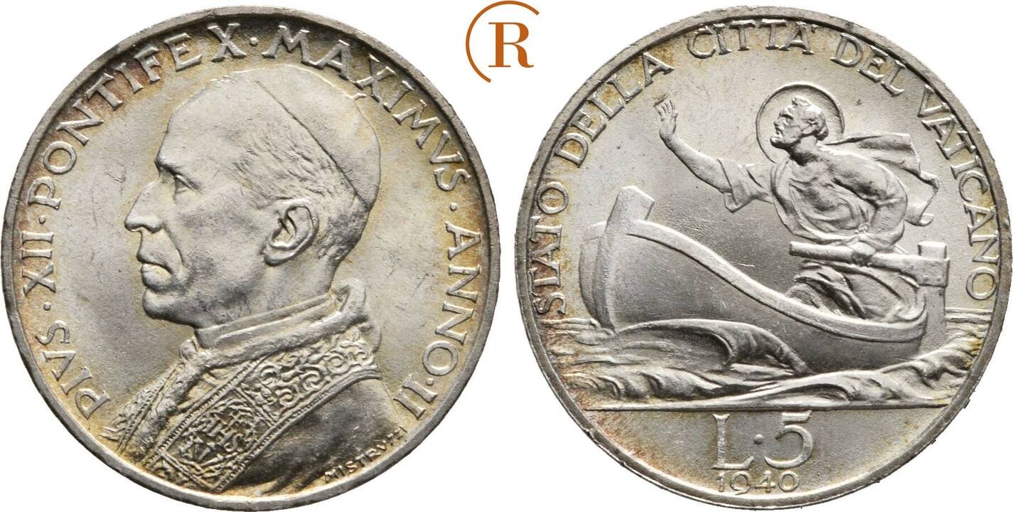 Vatikan: 5 Lire 1940 Pius XII, 1939-1958: fast Stempelglanz | MA-Shops