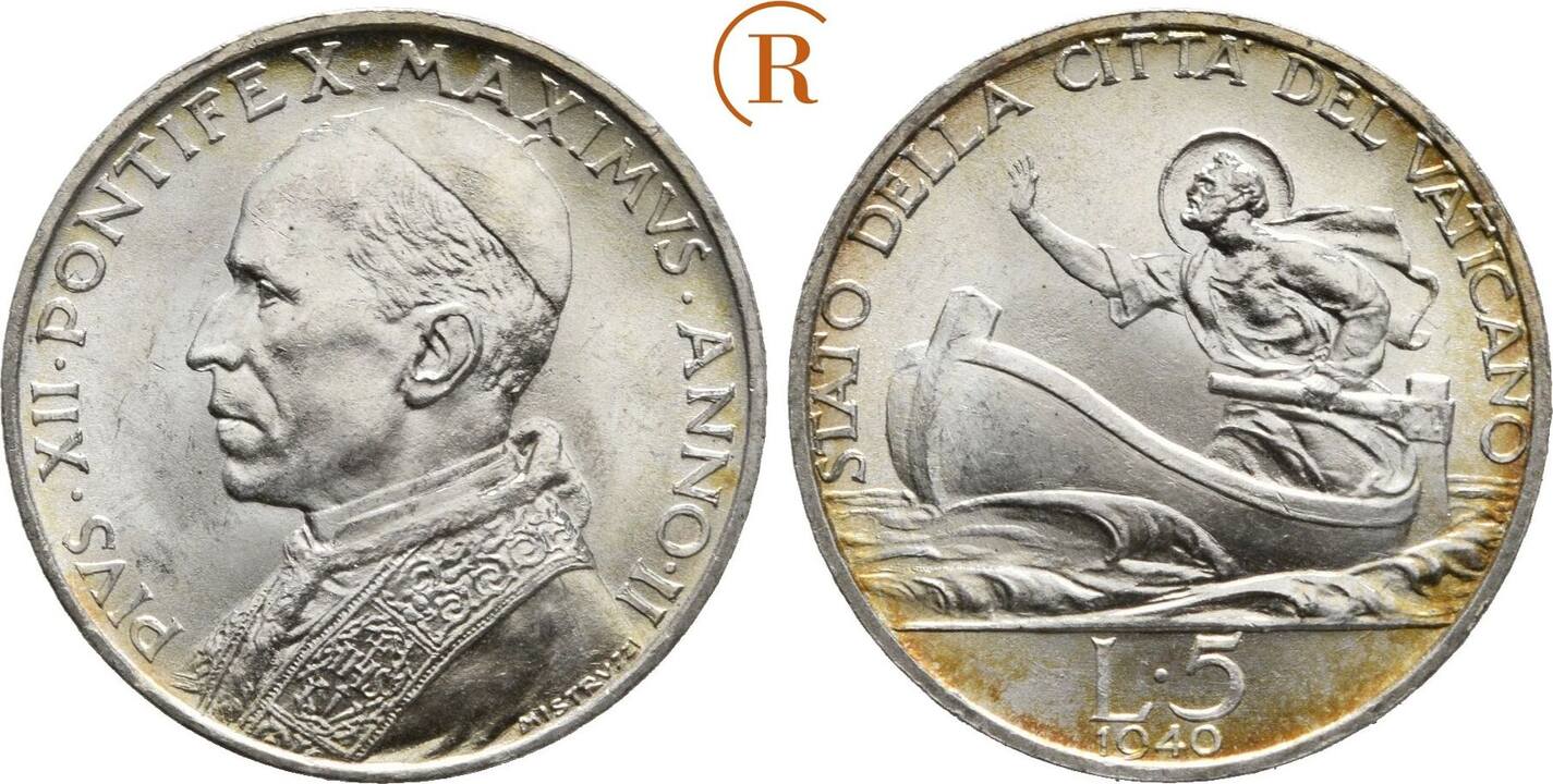 Vatikan: 5 Lire 1940 Pius XII, 1939-1958: fast Stempelglanz | MA-Shops