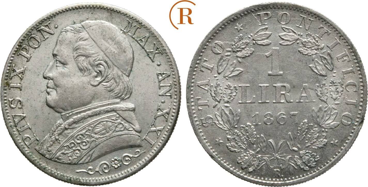 Vatikan: 1 Lira Rom 1867 R Pius IX, 1846-1878: vz+ | MA-Shops