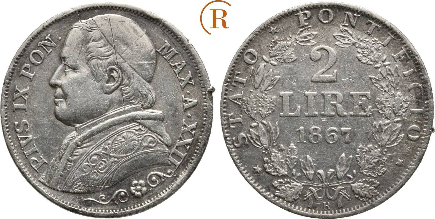 Vatikan: 2 Lire Rom 1867 R Pius IX, 1846-1878: ss Randfehler, Kratzer | MA-Shops