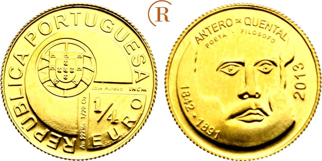 Portugal: 1/4 Euro 1,56 Gramm Feingold Antero de Quental 2013 PP | MA-Shops