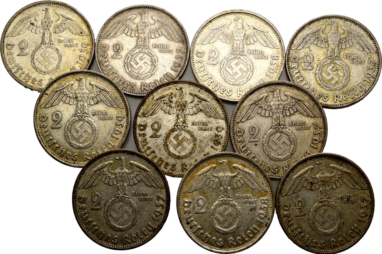 Drittes Reich: Lot 10 x 2 Reichsmark Hindenburg mit Hakenkreuz ss | MA ...