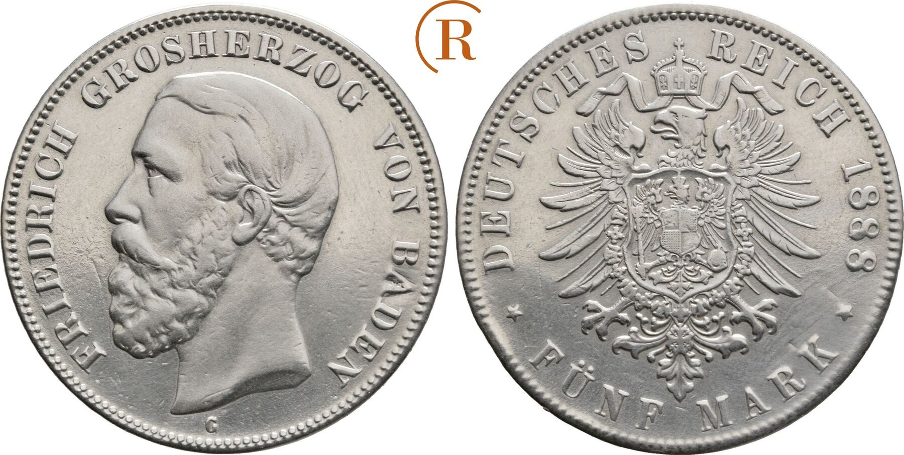 Kaiserreich: Baden: 5 Mark 1888 G Friedrich I, 1856-1907: ss Felder ...