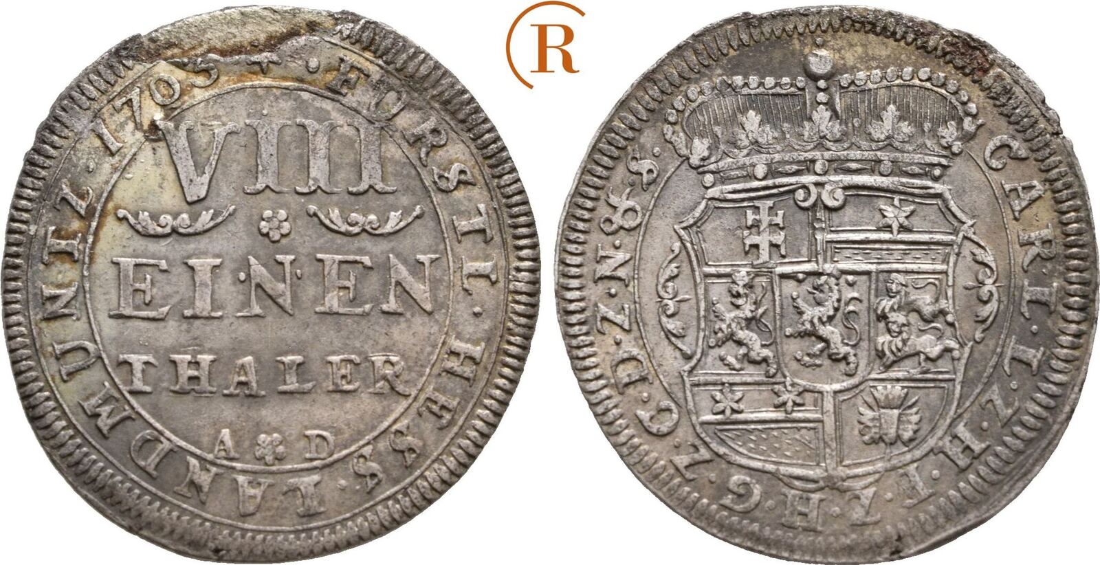 Hessen Kassel: 1/8 Taler 1703 AD Karl, 1670-1730: ss+ Schrötlingsfehler ...