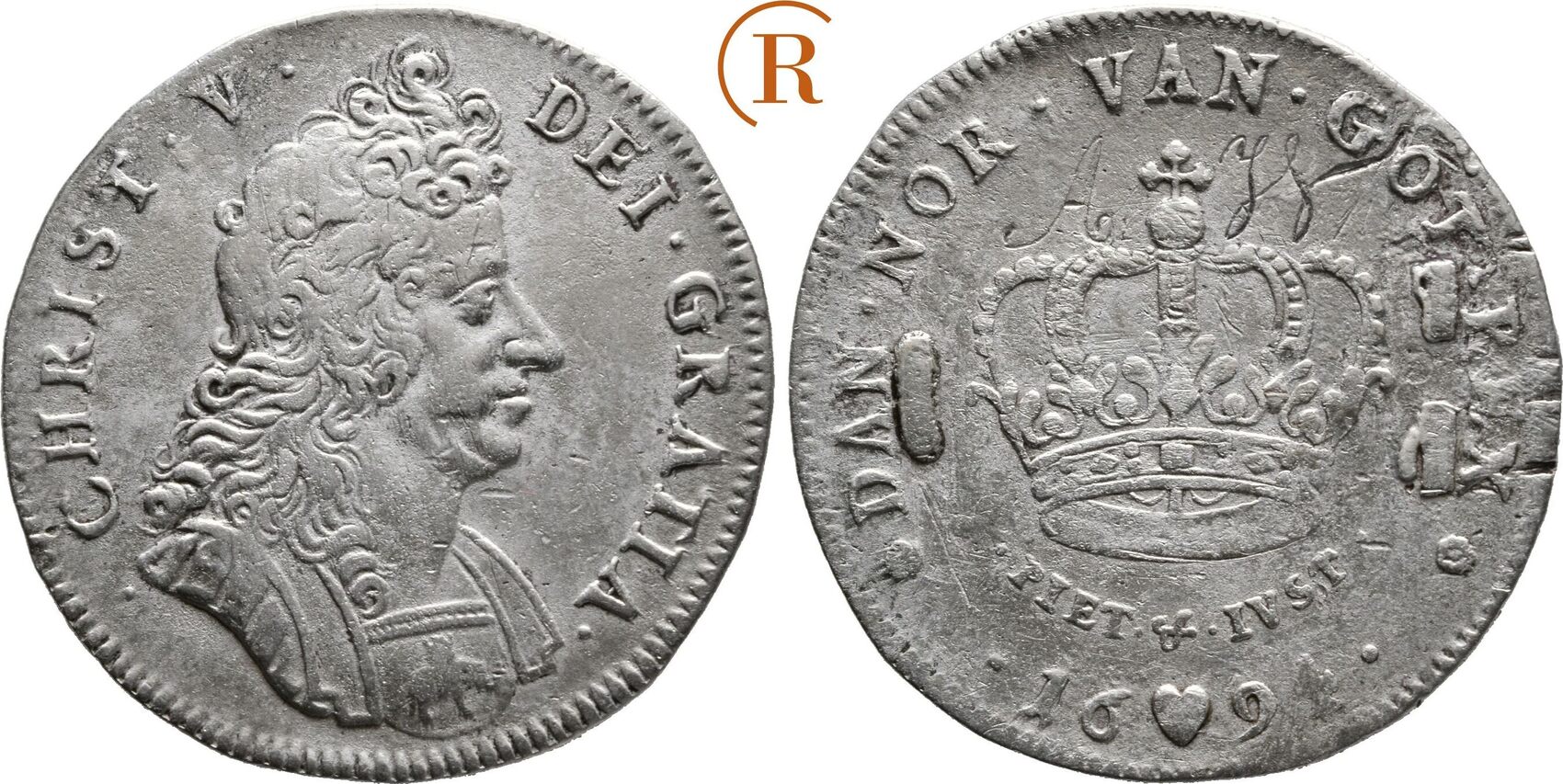 Dänemark: Krone ( 4 Mark ) Kopenhagen 1694 Christian V, 1670-1699: ss Broschierspuren auf der ...