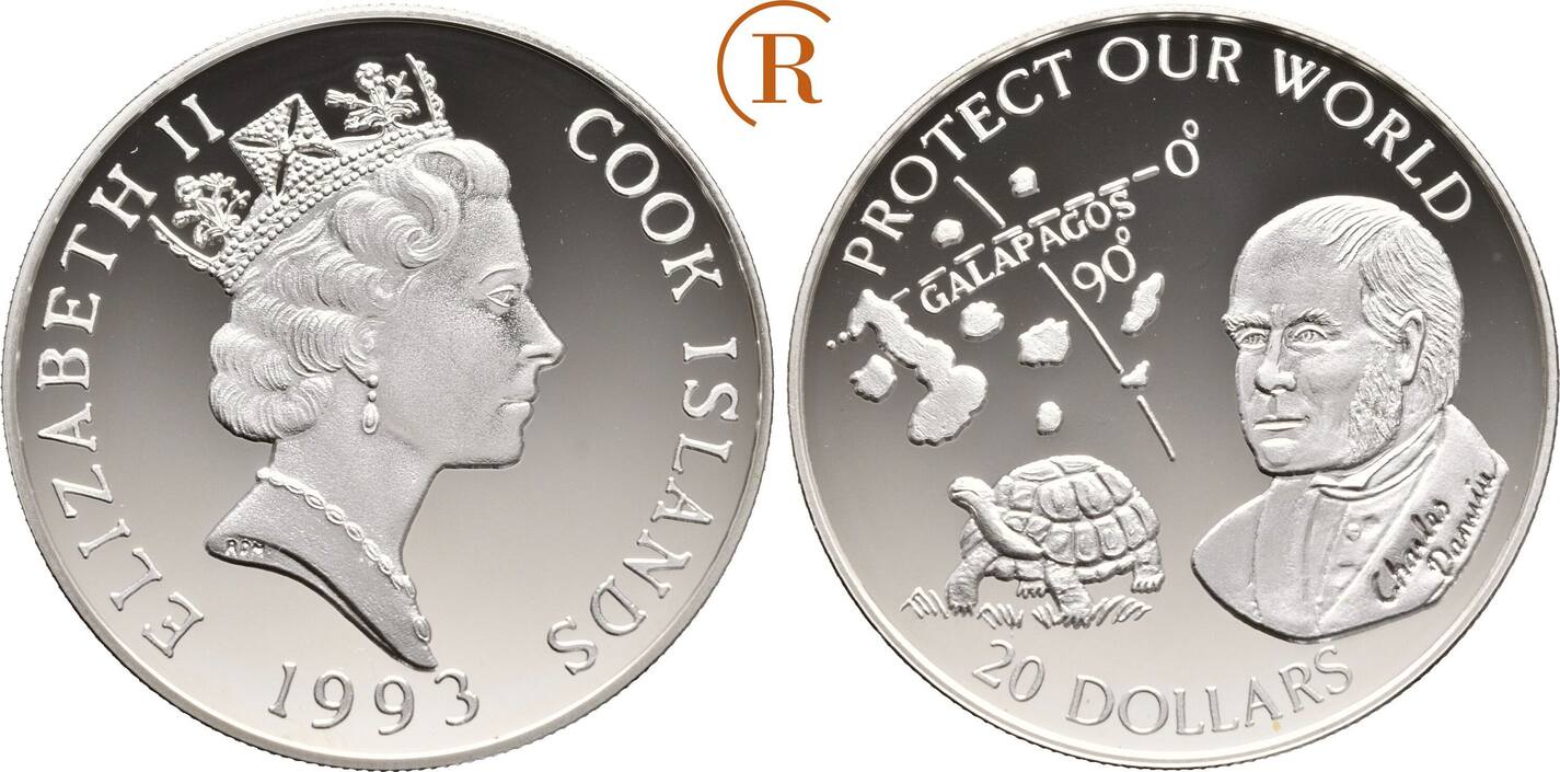 Cook Islands: 20 Dollar " Charles Darwin " Silber 1993 PP | MA-Shops