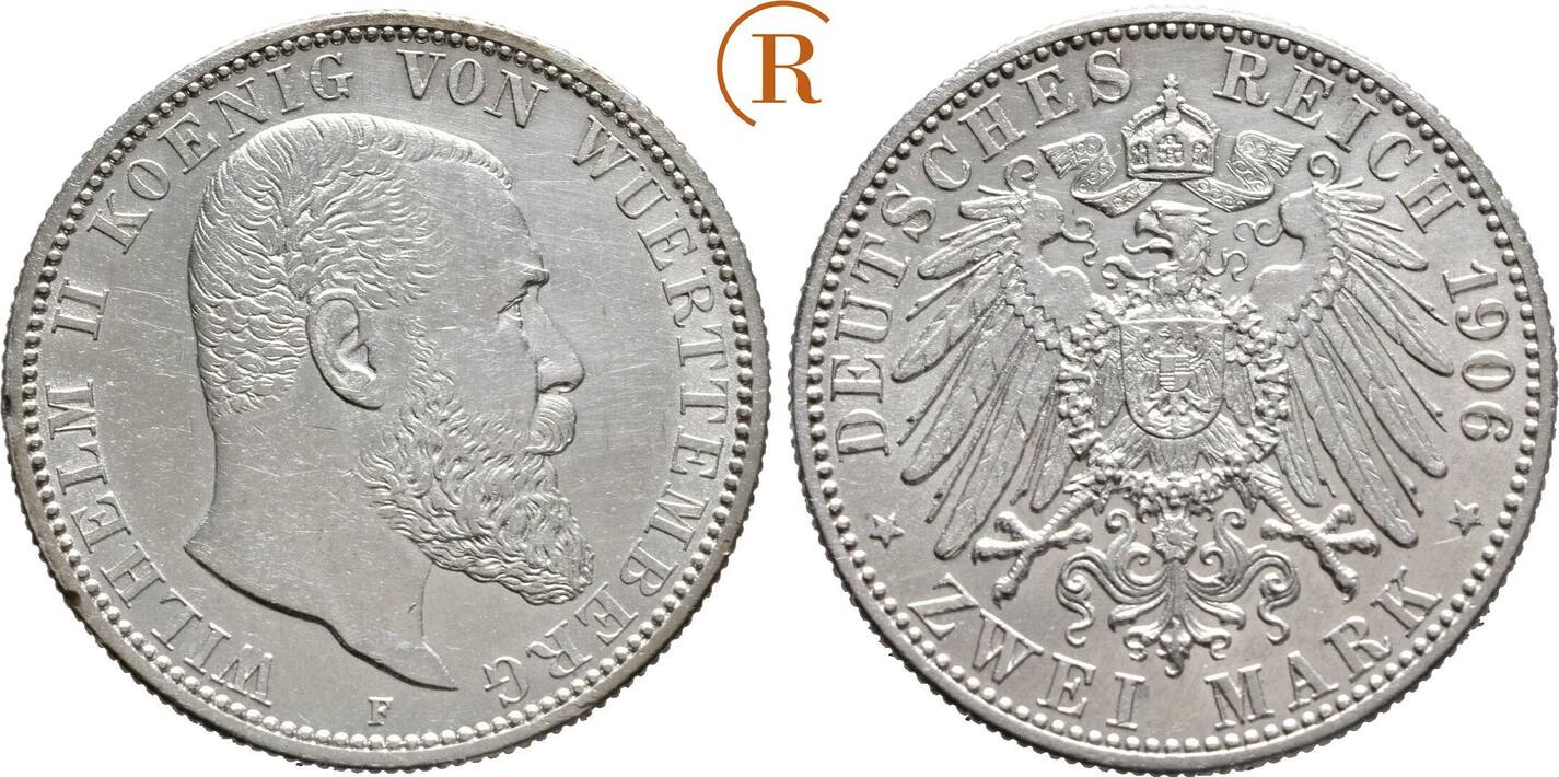 Kaiserreich: Württemberg: 2 Mark 1906 F Wilhelm II, 1891-1918: ss-vz / f.vz | MA-Shops
