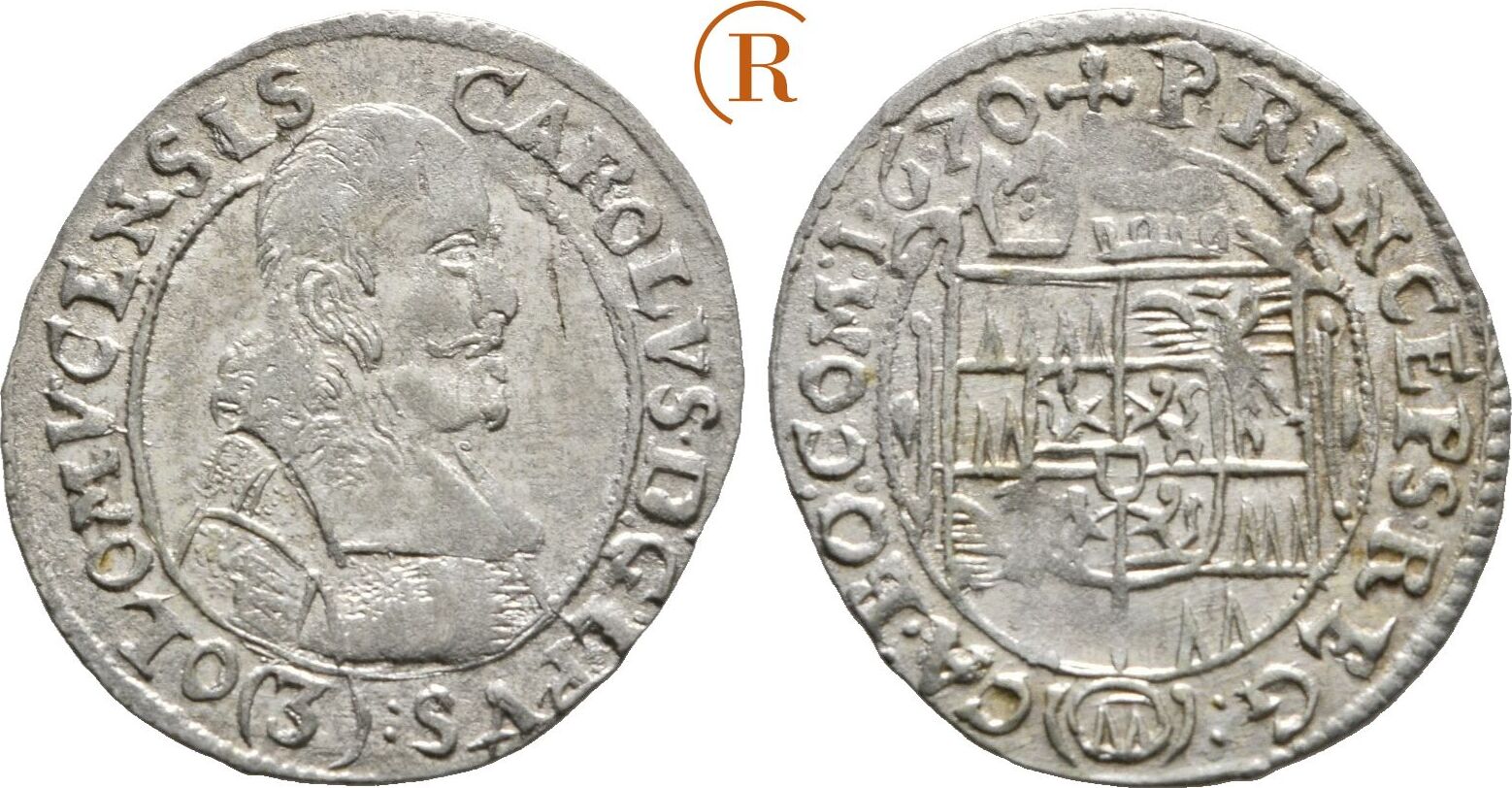 Olmütz Bistum: 3 Kreuzer Kremsier 1670 Karl II. von Lichtenstein, 1664-1695: vz-st hübsche ...