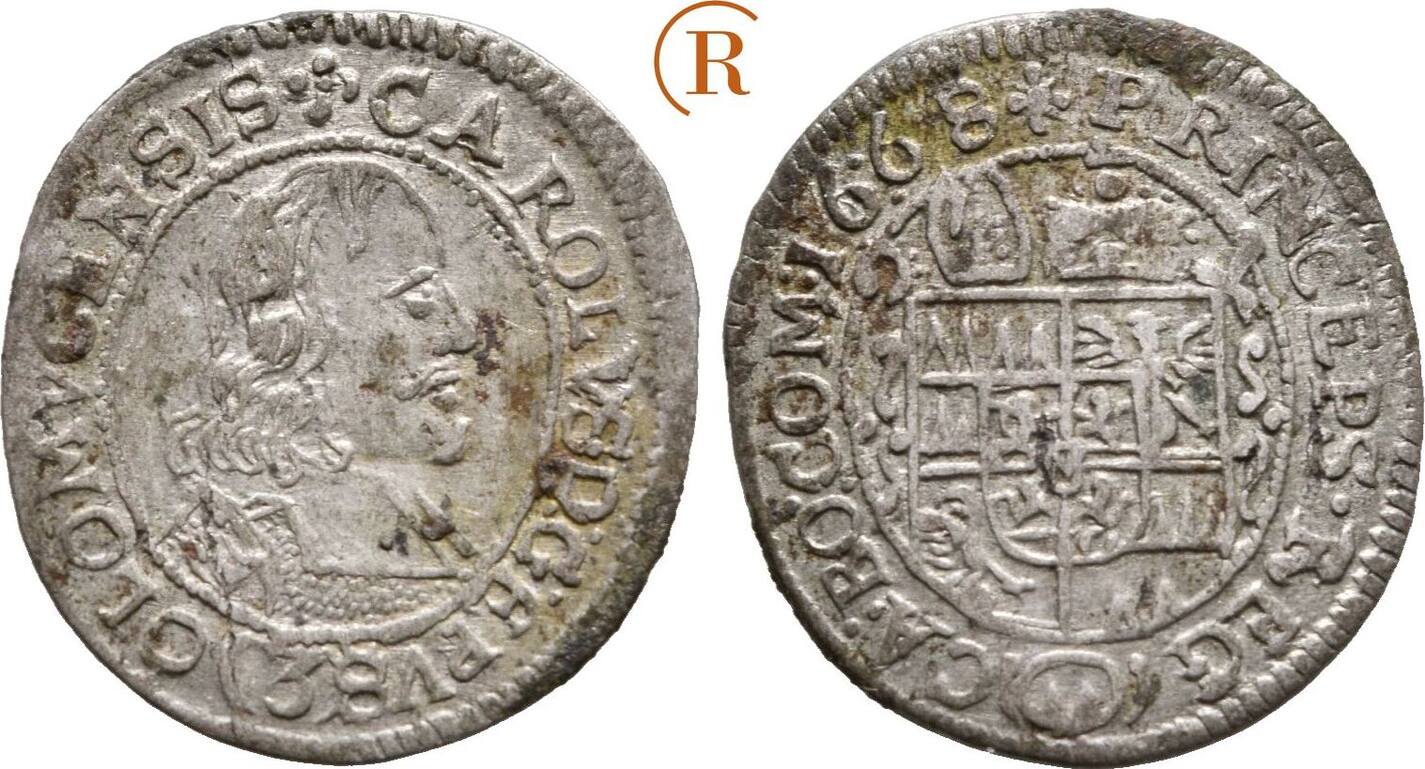 Olmütz Bistum: 3 Kreuzer Kremsier 1668 Karl II. von Lichtenstein, 1664-1695: ss+ | MA-Shops