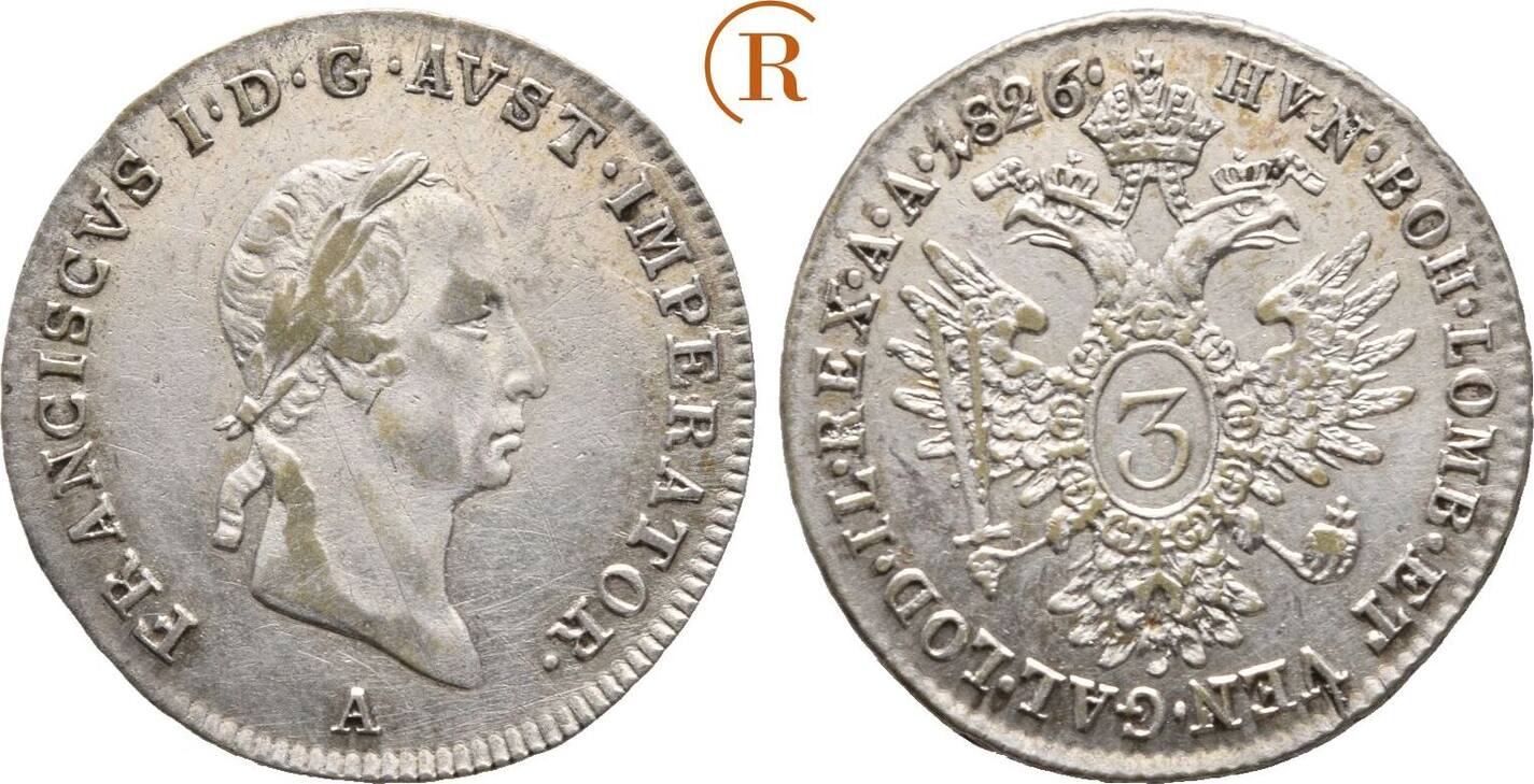 Habsburg: 3 Kreuzer Wien 1826 A Franz II, 1792-1835: ss-vz | MA-Shops