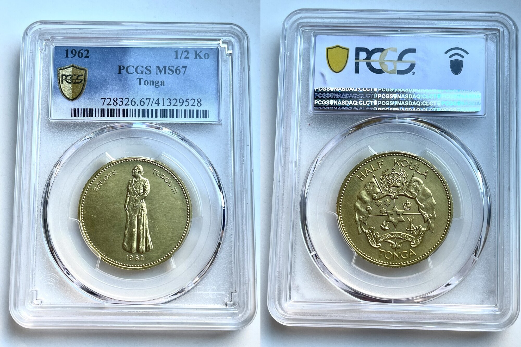 Tonga – Queen Salote Tupou III – 1/2 Koula – 1962 PCGS MS67 | MA-Shops