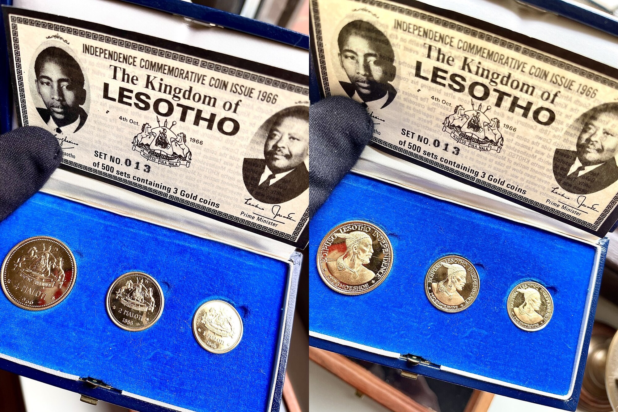 7 Maloti Lesotho – 1966 – Independence Commemorative Set – 3 Goldmünzen ...