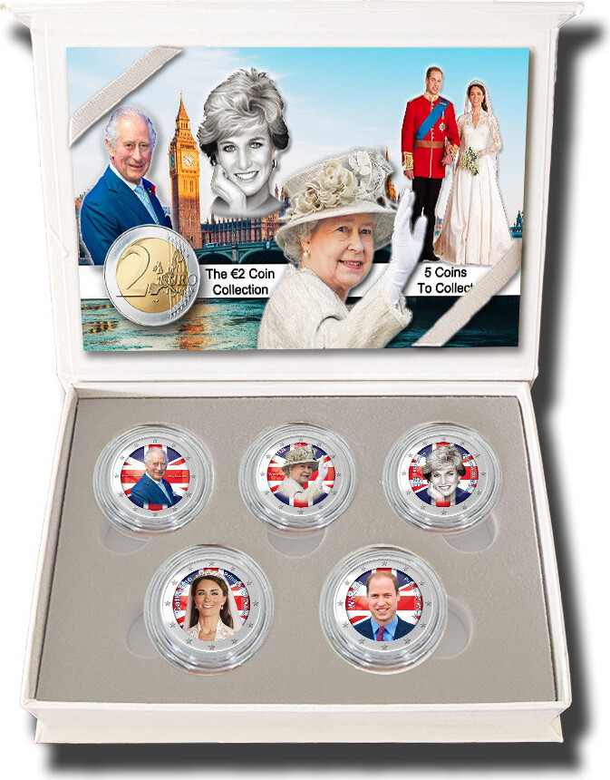 2 Euro Coloured Coin Set of 5 in Presentation Box - UK British Monarchy ...
