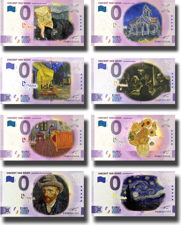 0 Euro Souvenir Banknote Thematic Vincent Van Gogh Set of 8 Colour ...