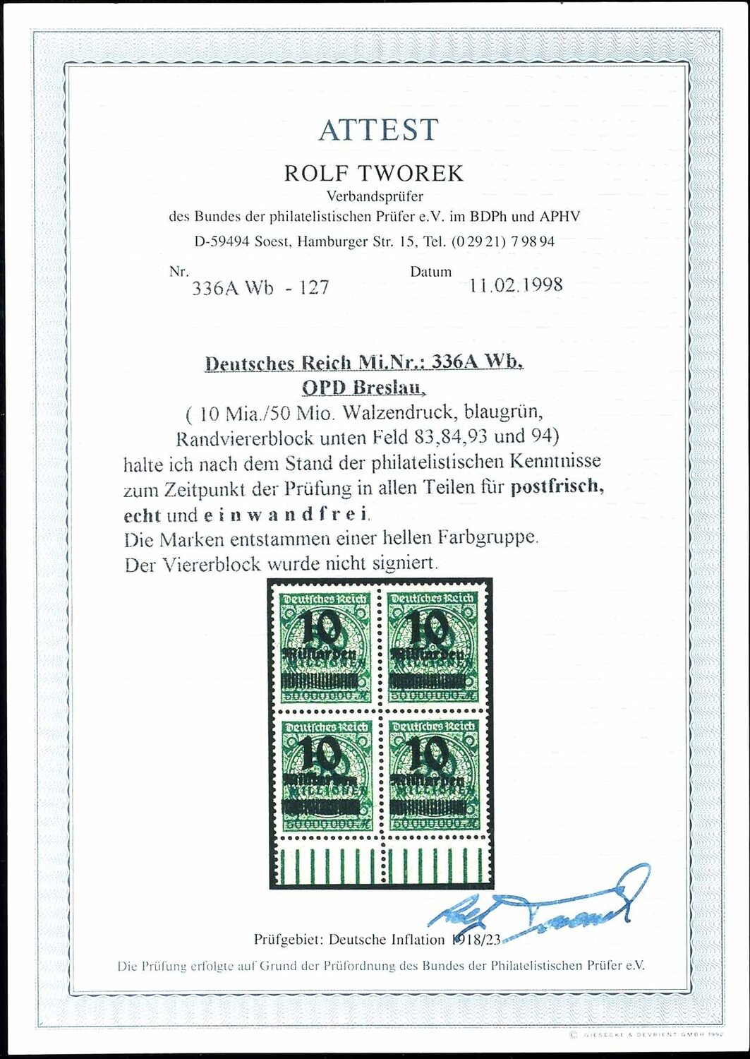 Deutsches Reich 10 Milliarden auf 50 Millionen schwarzopalgrün, Walzendruck, Viererblock vom ...