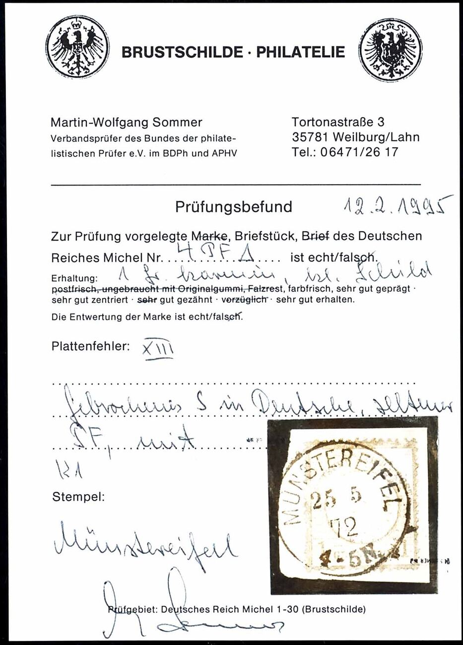 Deutsches Reich 1 Gr. karmin, kleiner Schild, Plattenfehler XIII, mit ...
