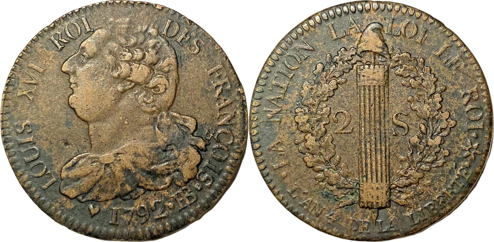 2 sols 1792 Constitution (1791-1792) Louis XVI François Strasbourg ou ...