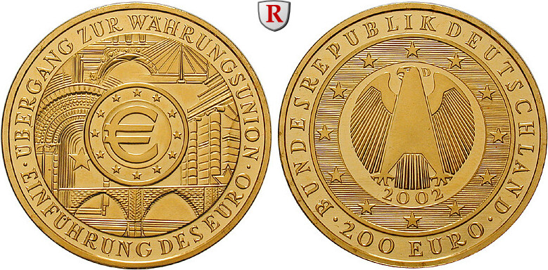 Gedenkprägungen 2002 D 200 Euro 2002, D. Einführung des Euro. Gold. 31 ...
