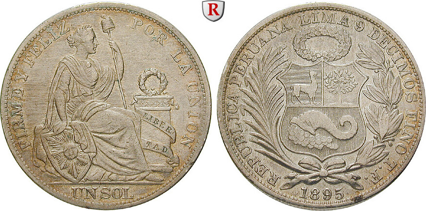Peru Sol 1895 Republik, seit 1821 ss, geputzt; kl. Rdf. | MA-Shops
