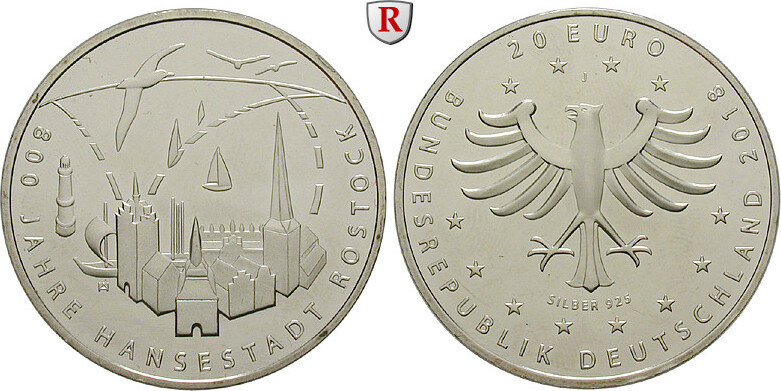 Gedenkprägungen 20 Euro 2018. 800 J. Rostock. bfr. | MA-Shops
