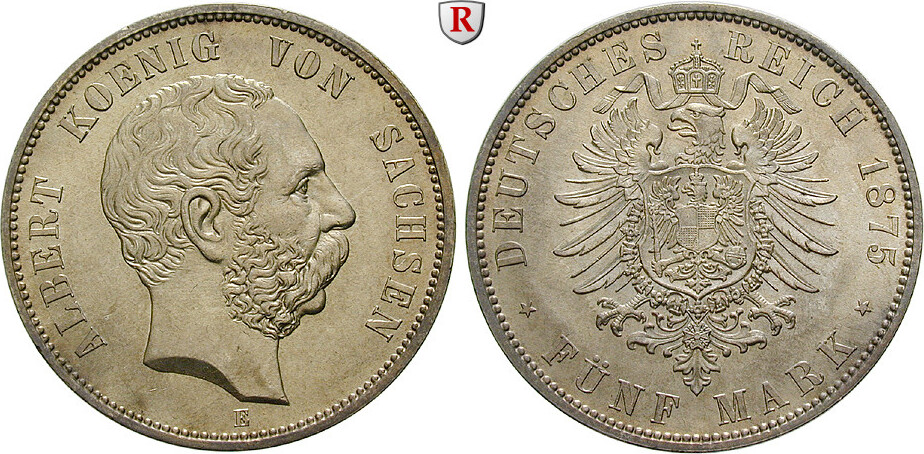 Sachsen 1875 E Albert, 1873-1902, 5 Mark 1875, E. J. 122. vz+, NGC MS63 ...