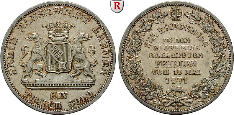 Bremen, Stadt Taler Gold 1871 f.vz | MA-Shops