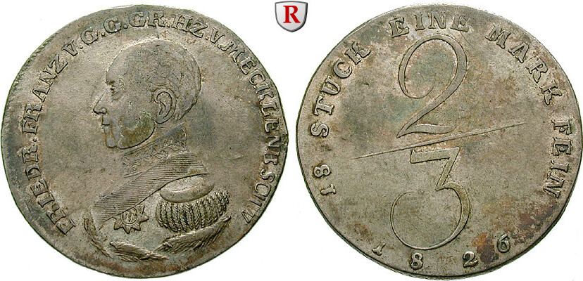 2/3 Taler 1826 Mecklenburg-Schwerin, Friedrich Franz I., 1785-1837 ss | MA-Shops