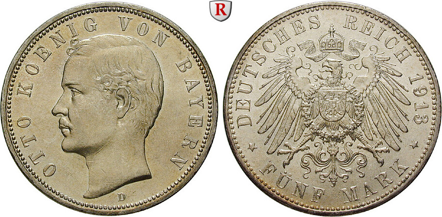 Bayern 1913 D Otto, 1886-1913, 5 Mark 1913, D. J. 46. f.vz / vz+, Rdf. | MA-Shops