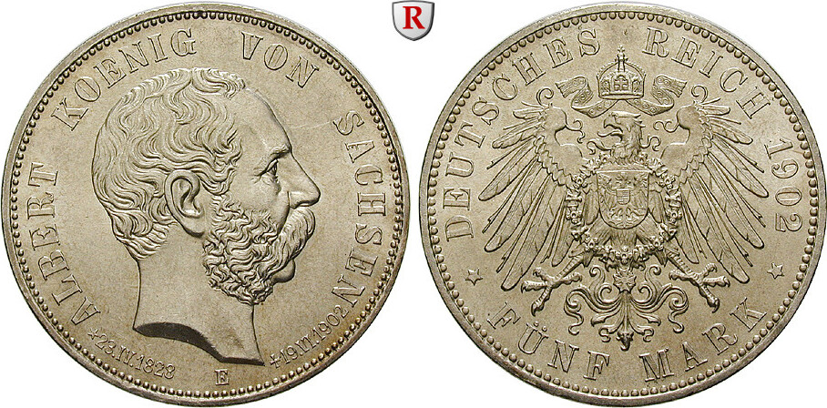 Sachsen 1902 E Albert, 1873-1902, 5 Mark 1902, E. auf den Tod. J. 128 ...