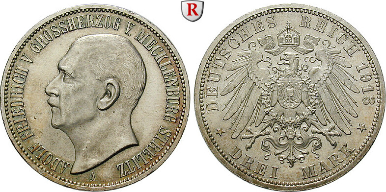 Mecklenburg-Strelitz 3 Mark 1913 Adolf Friedrich V., 1904-1914 vz/vz+ ...