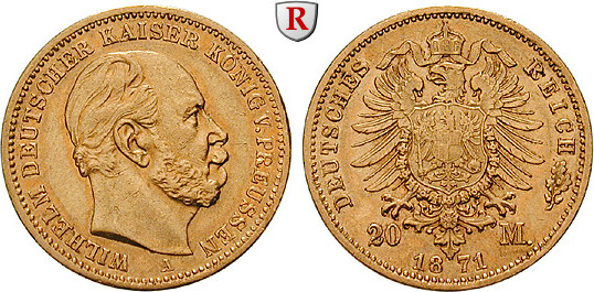 Preussen 1871 A Wilhelm I., 1861-1888, 20 Mark 1871, A. Gold. J. 243 ...