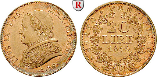 Vatikan 20 Lire 1866 Pius IX., 1846-1878, Gold, 6,45 g ss-vz, Rdf. | MA-Shops