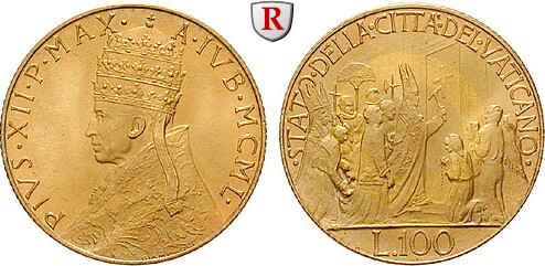 Vatikan 100 Lire 1950 Pius XII., 1939-1958, Gold, 5,2 g vz-st | MA-Shops