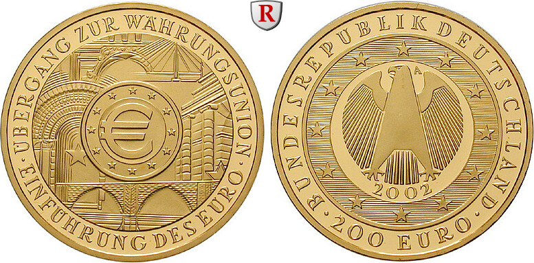 Gedenkprägungen 2002 A 200 Euro 2002, A. Einführung des Euro. Gold. 31 ...