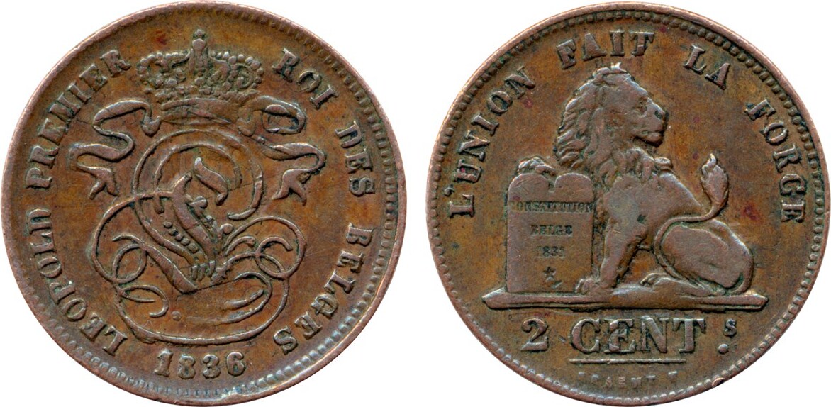 Mynter 2 Cent 1836 VF Belgium | MA-Shops