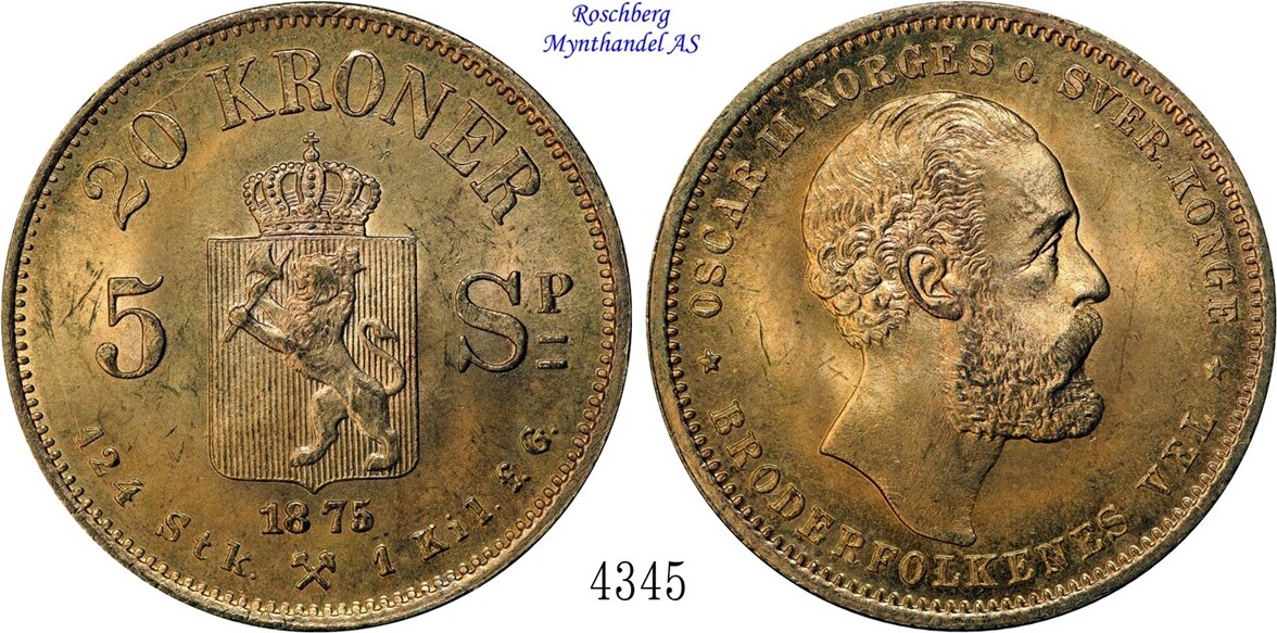 Mynter 20 Kroner / 5 Sp. 1875 Kv 0/01 | MA-Shops