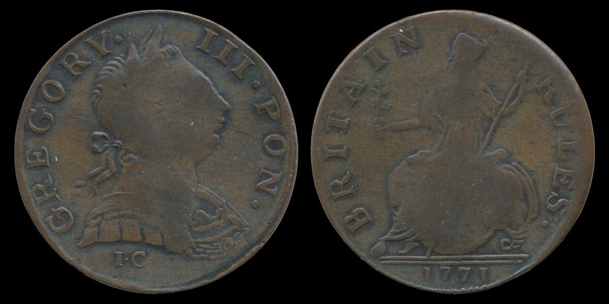 Mynter 1/2 Penny 1771 UK Token Gregory III Pon VF | MA-Shops