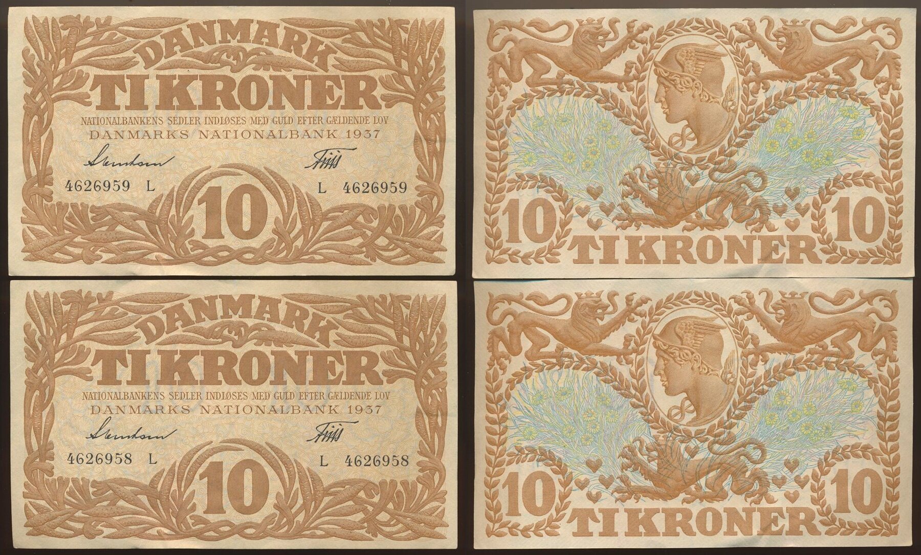 Sedler Danmark 10 Kroner 1937 L Kv 1+/01, 2 Stk i nummerrekkefølge | MA ...