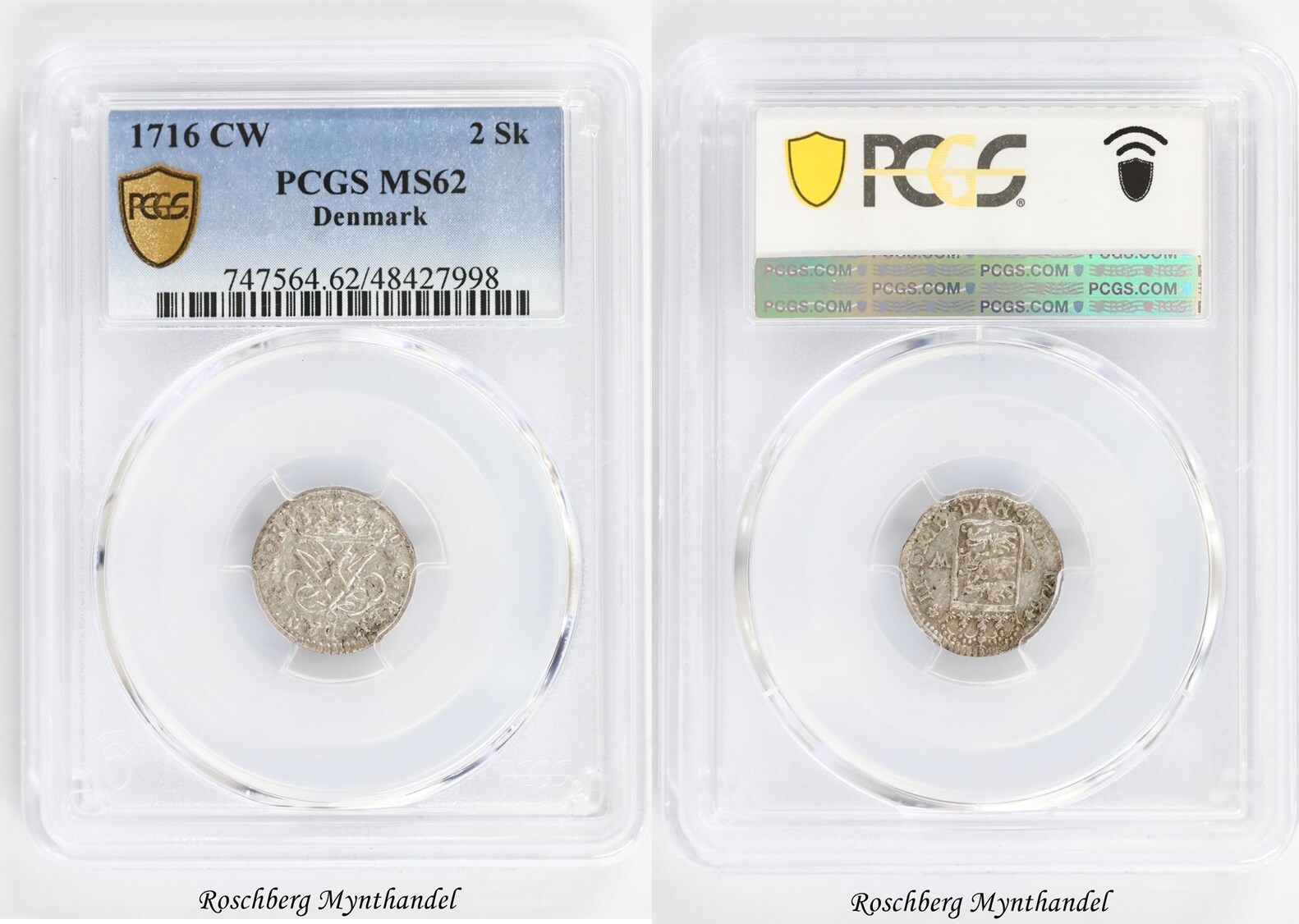 Mynter 2 Skilling 1716 CW Danmark PCGS MS62 | MA-Shops