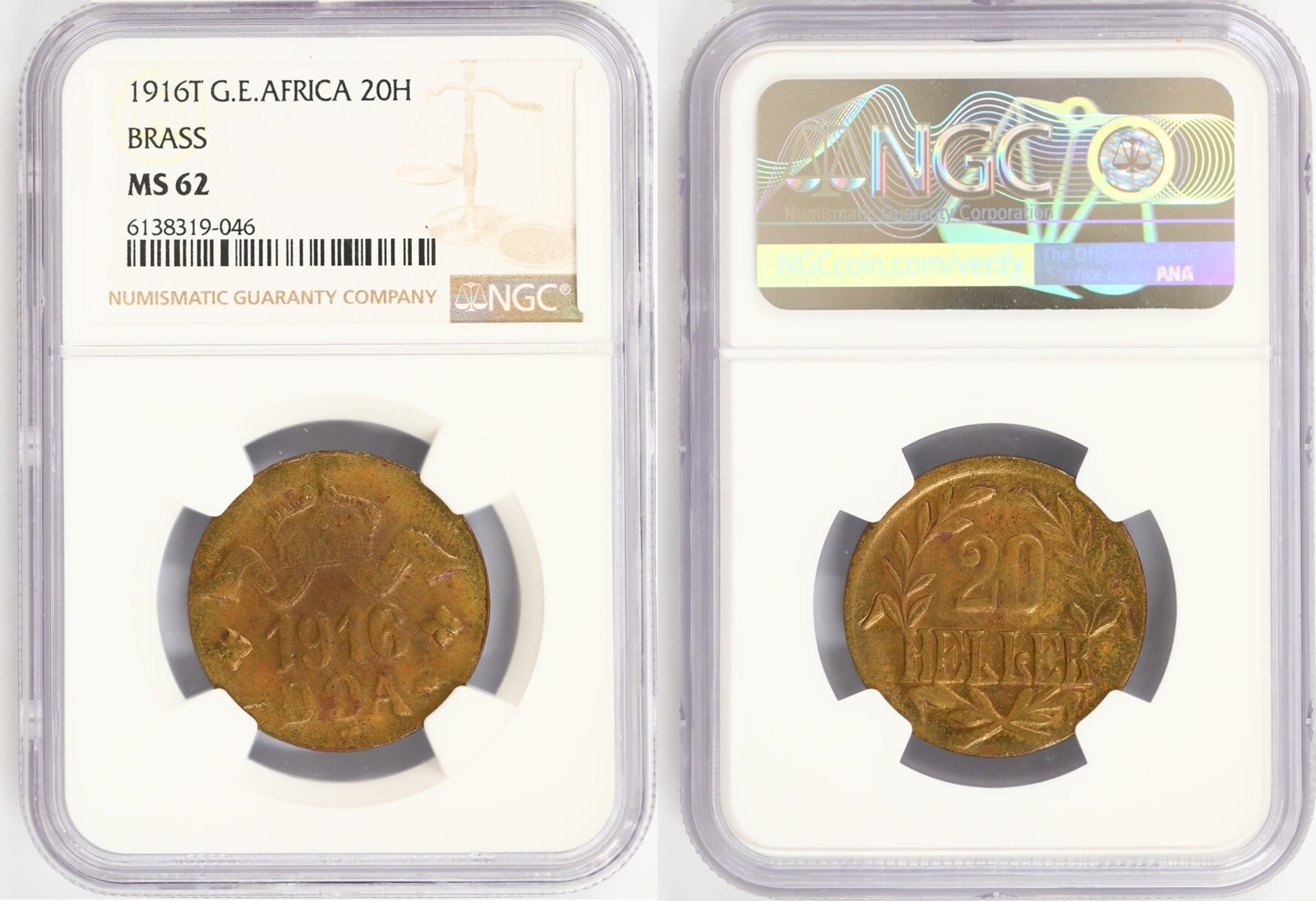 Mynter 20 Heller 1916 German East Africa NGC MS62 | MA-Shops