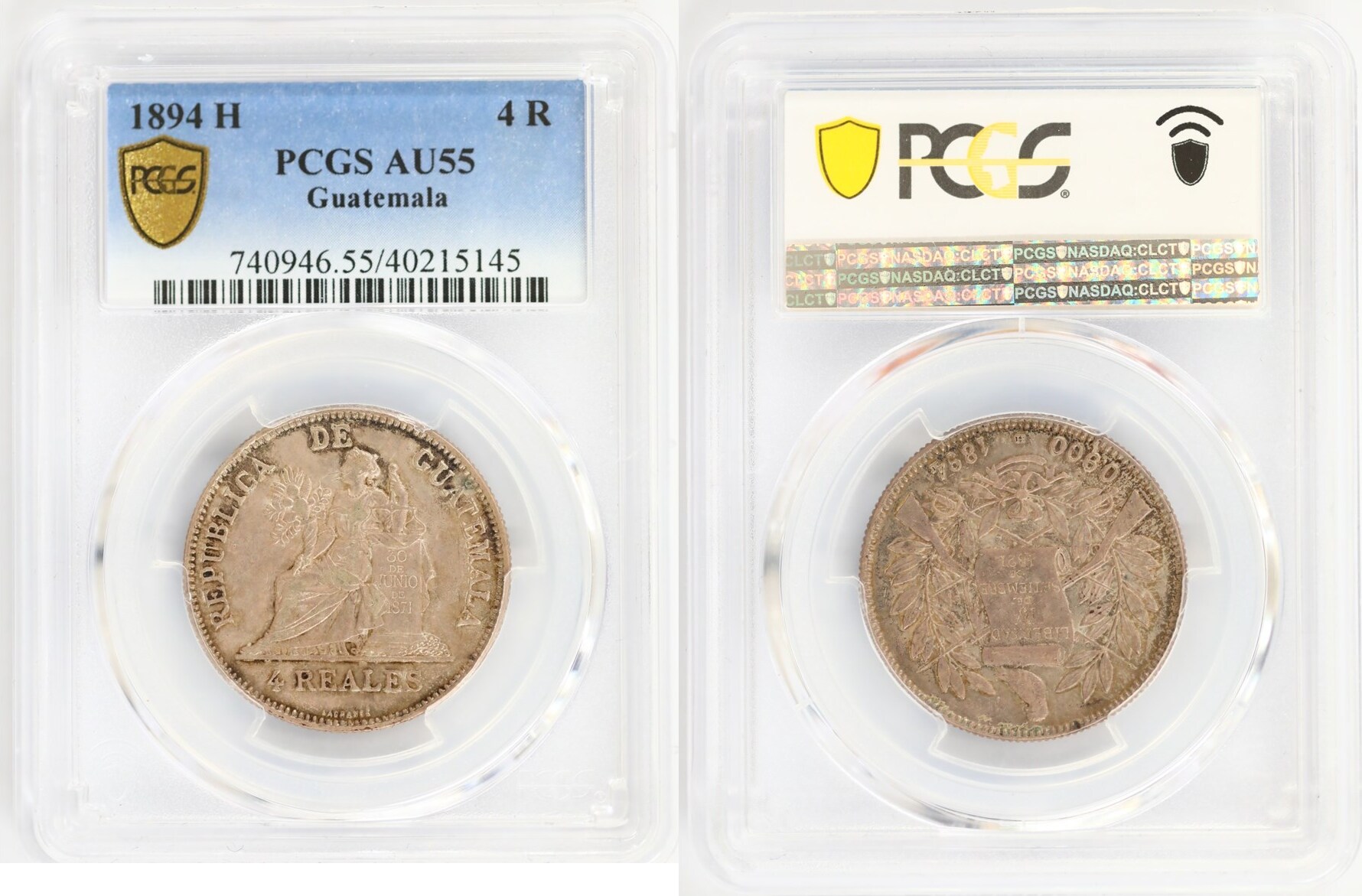 Mynter 4 Reales 1894 H Guatemala PCGS AU55 | MA-Shops