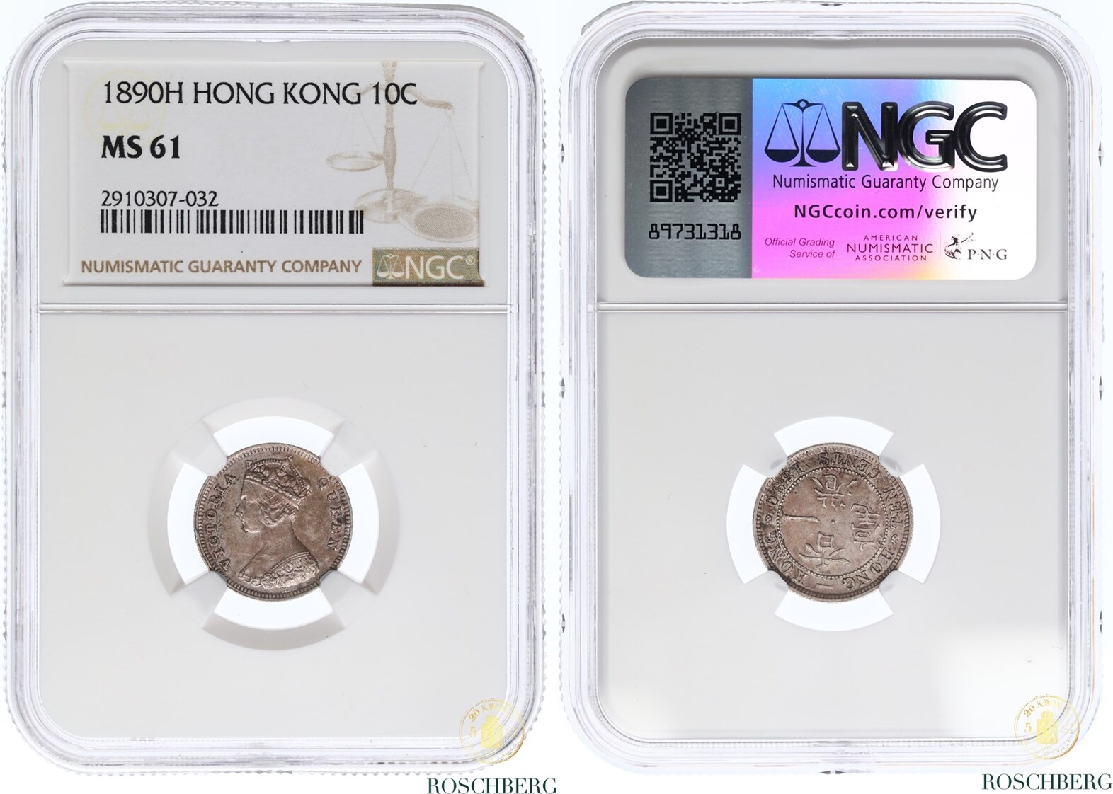 Mynter 10 Cents Hong Kong 1890-H NGC MS61 | MA-Shops