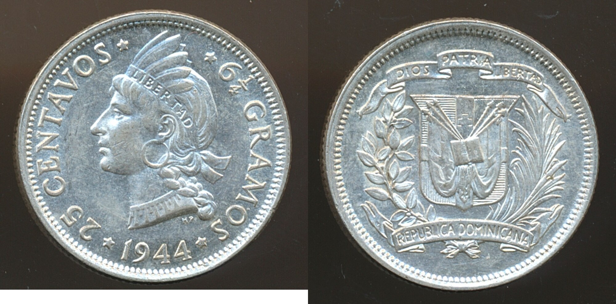 Mynter 25 Centavos 1944 Dominican Republic UNC | MA-Shops