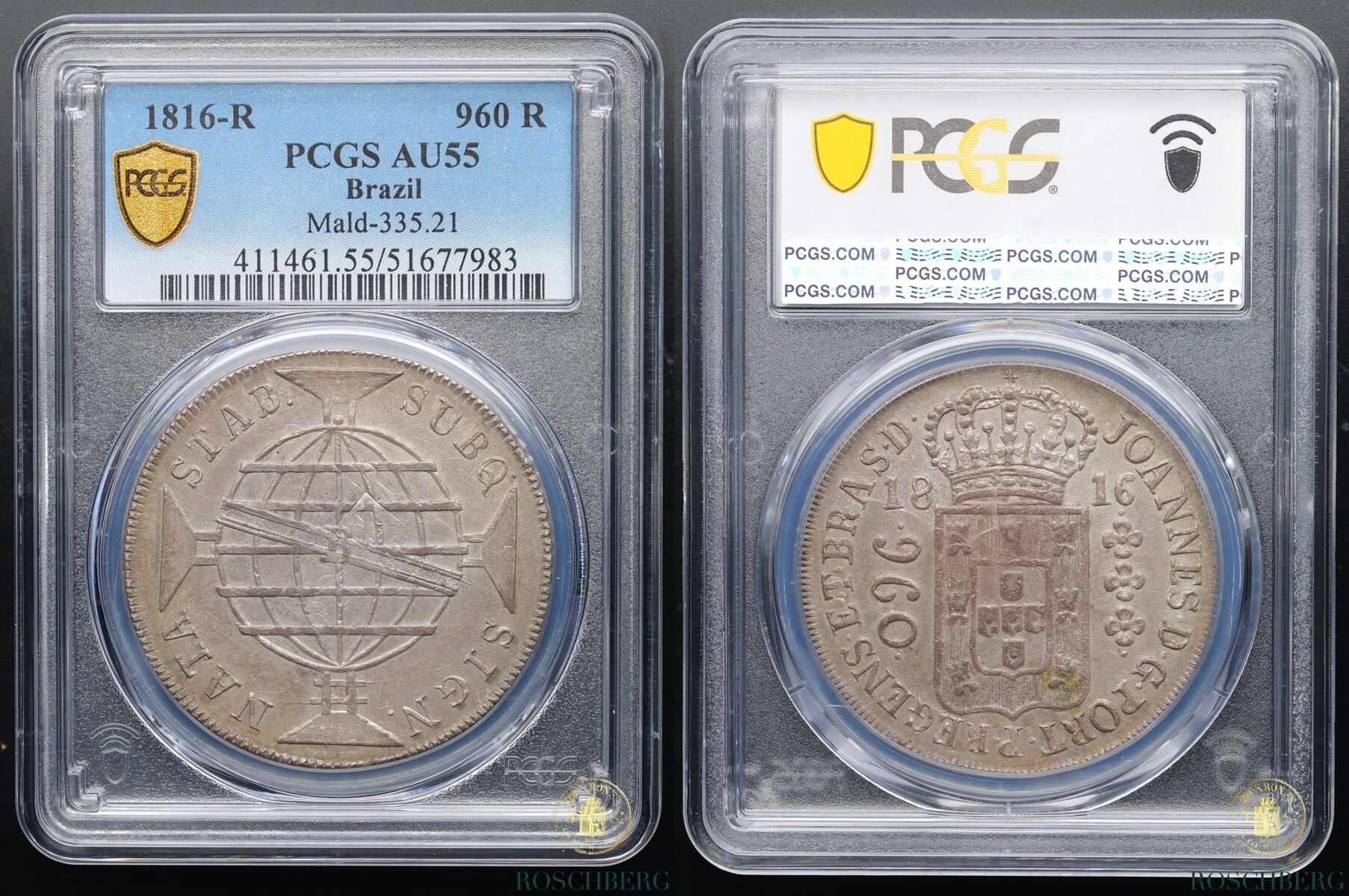 Mynter 960 Reis Brazil 1816-R Kv PCGS AU55 | MA-Shops