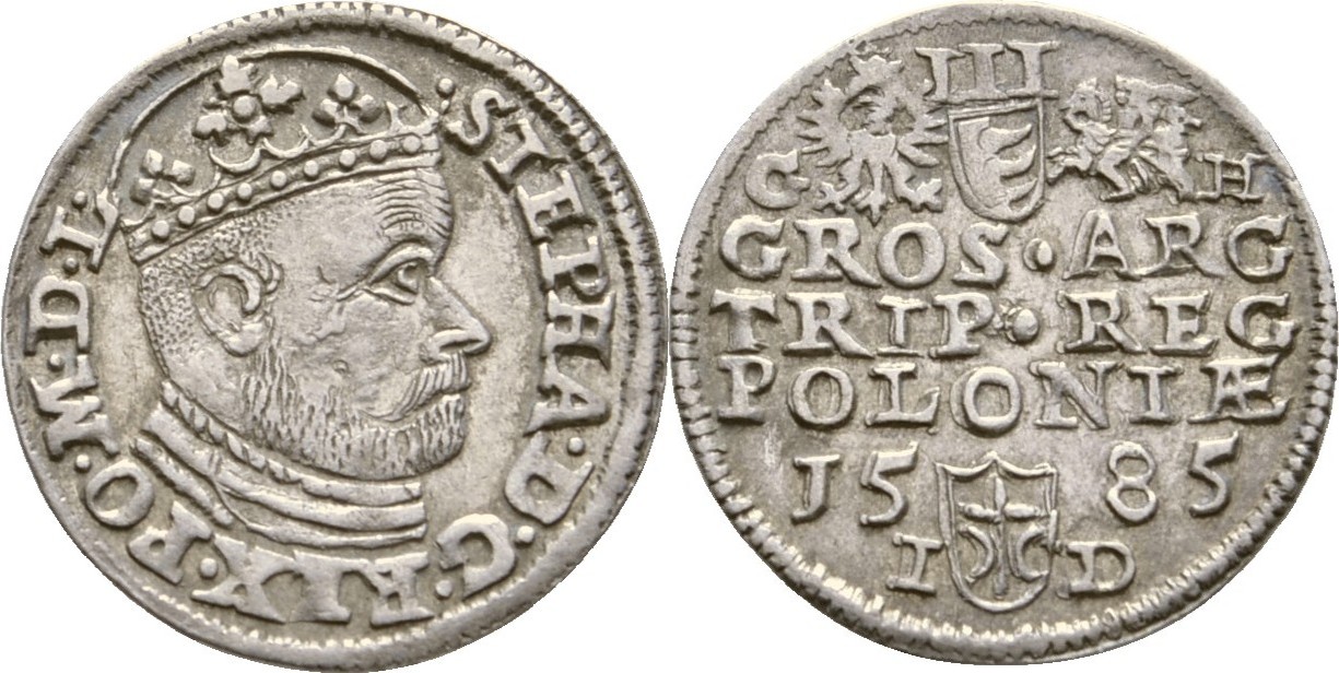 Polen Olkusz Dreigröscher Trojak 1585 Stephan Bathory, 1576-1586 f.vz ...