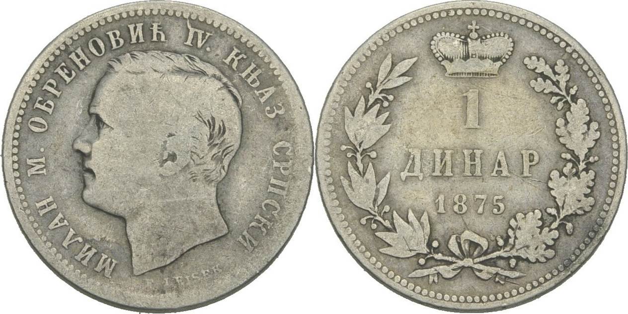 Serbien 1 Dinar 1875 Milan IV. Obrenowitsch, 1868-89 fast ss/ss | MA-Shops