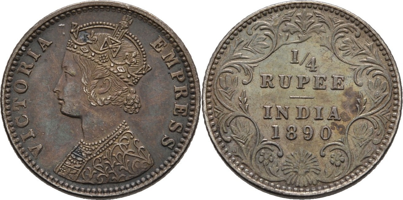British India 1/4 Rupee 1890 B Victoria, 1837 - 1901 vz | MA-Shops