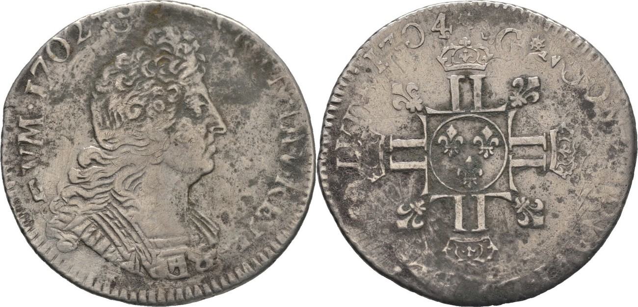 Frankreich 1/4 Ecu aux 8L 1702/1704 Ludwig XV., 1715-1774 überprägt, ss | MA-Shops