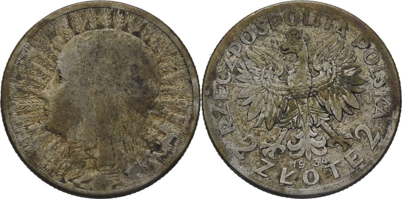 Polen 2 Zlote 1934 Frauenkopf ss | MA-Shops
